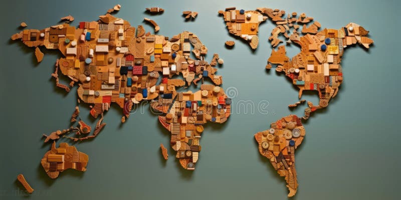World Map Composed of Colorful Household Objects on a Blue Background ...