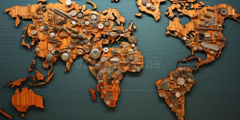 World Map Composed of Colorful Household Objects on a Blue Background ...