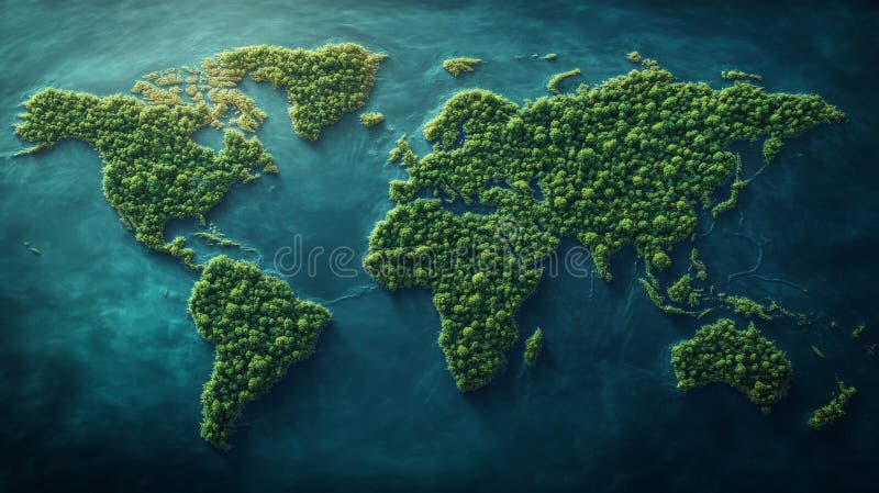 World Map Composed of Lush Greenery and Forests Over Ocean Stock Photo ...