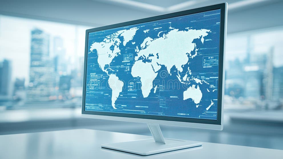 World Map on Computer Screen, Exploring Global Connectivity and Digital ...