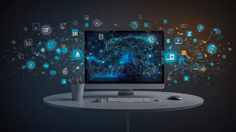 World Map on Computer Surrounded by Digital Icons Stock Illustration ...