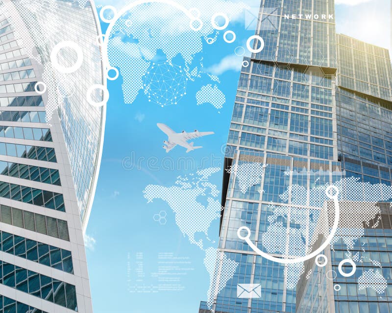 World Map with Computer Symbols and Skyscraper Stock Illustration ...