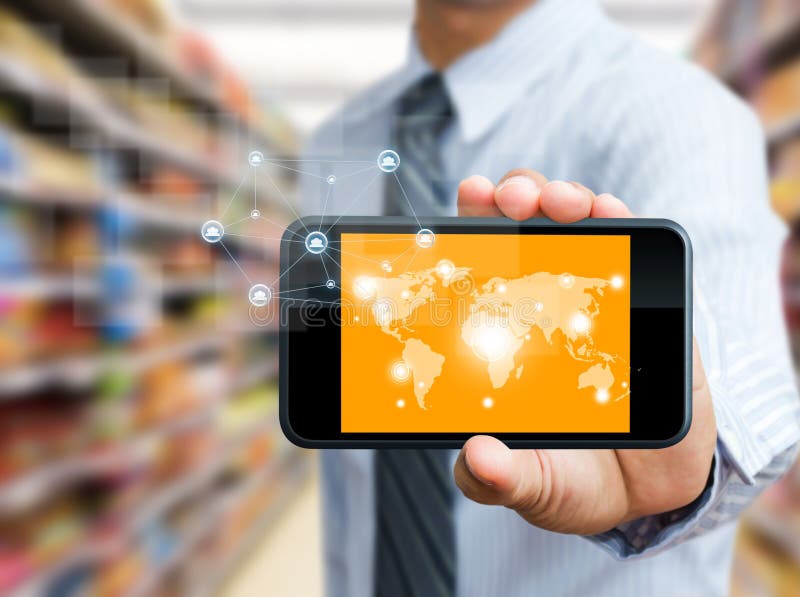 World Map and Connected Dot on Mobile Phone Stock Photo - Image of link ...