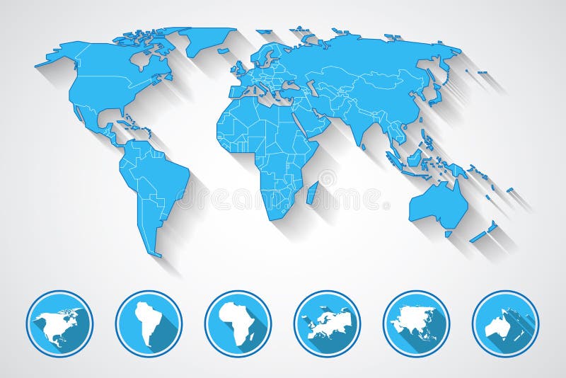 World Map and Continent Icons Stock Illustration - Illustration of ...