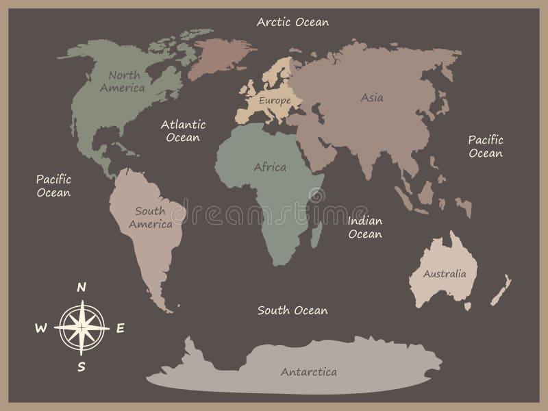 The World Map with Continent Name and Ocean Name. Mural Wallpaper Brown ...