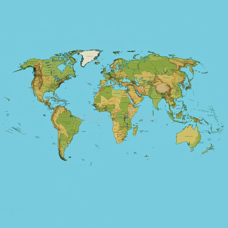 World Map with Continents and Countries Outlined. Oceans and Seas are ...