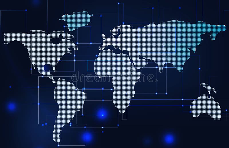 World Map and Continents Made of Dots on a Blue Background Stock Image ...