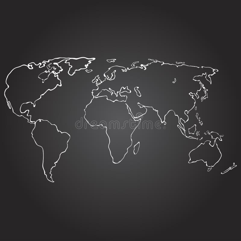 World Map Contour Vector Illustration on Chalkboard, Hand Drawn Stock ...