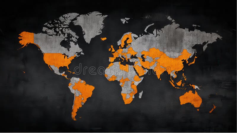 World Map with Countries Highlighted in Orange and Gray on Black ...