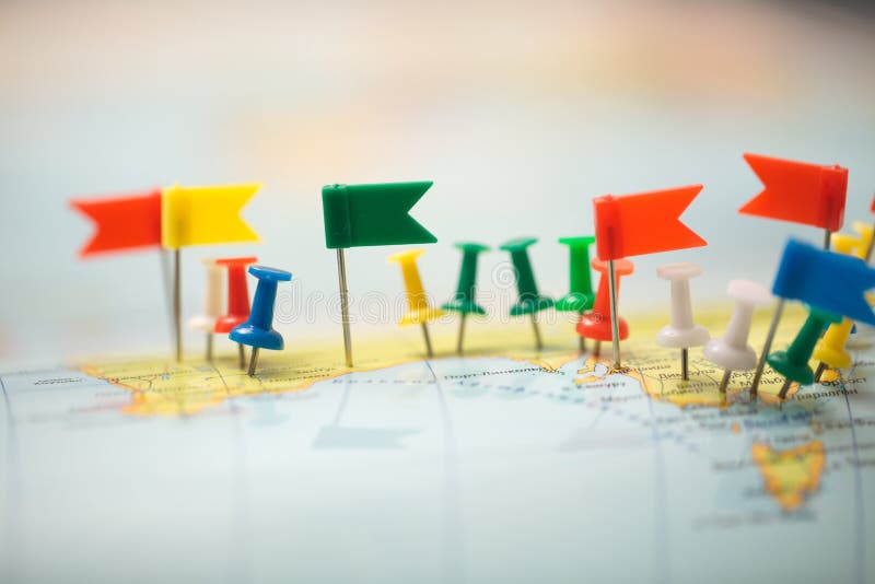 World Map Country Flags Marked Pin City Pinpoint Stock Image - Image of ...