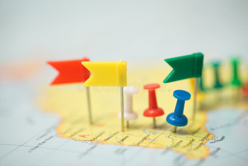 World Map Country Flags Marked Pin City Pinpoint Stock Photo - Image of ...