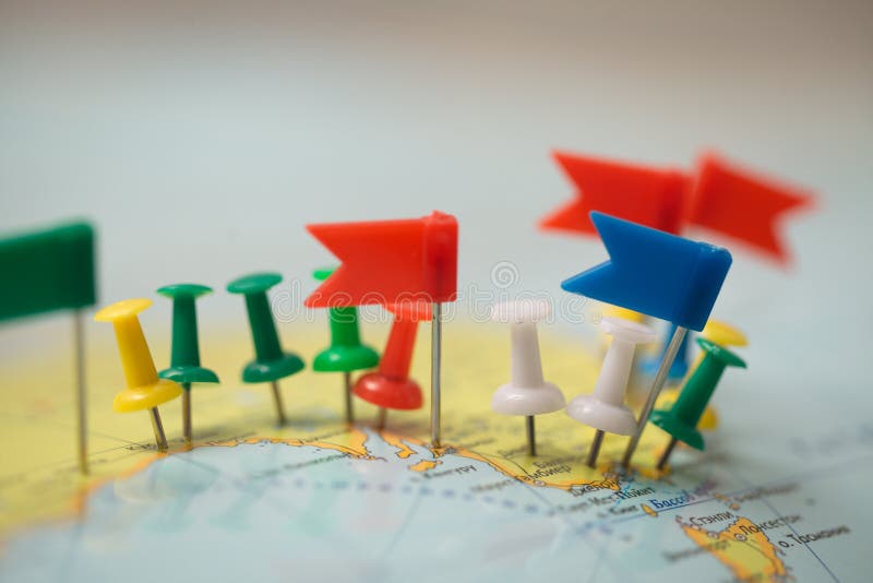 World Map Country Flags Marked Pin City Pinpoint Stock Photo - Image of ...