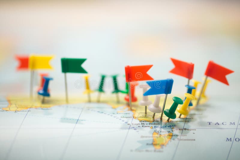 World Map Country Flags Marked Pin City Pinpoint Stock Photo - Image of ...