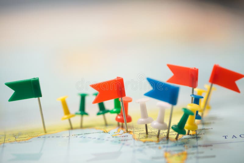 World Map Country Flags Marked Pin City Pinpoint Stock Image - Image of ...