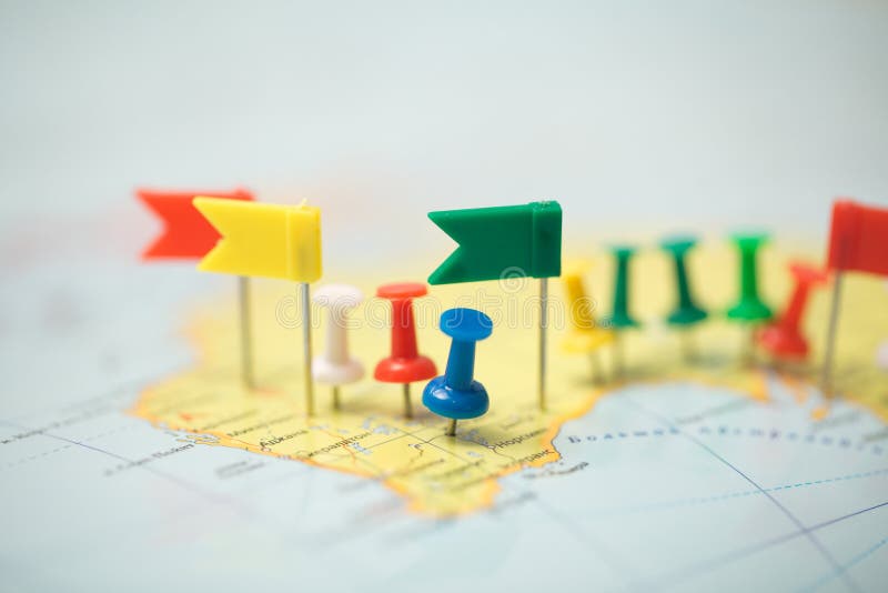 World Map Country Flags Marked Pin City Pinpoint Stock Photo - Image of ...