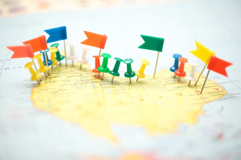World Map Country Flags Marked Pin City Pinpoint Stock Image - Image of ...