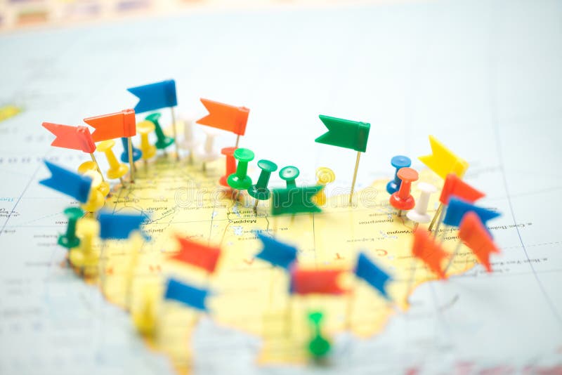 World Map Country Flags Marked Pin City Pinpoint Stock Image - Image of ...