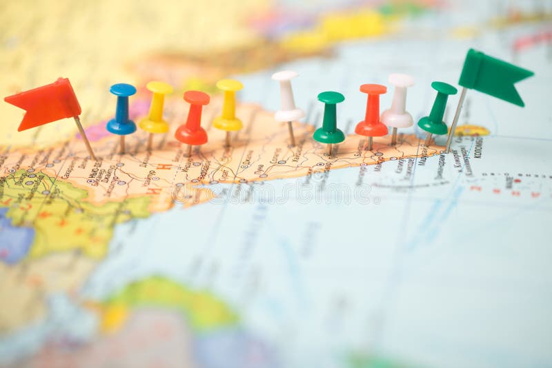 World Map Country Flags Marked Pin City Pinpoint Stock Image - Image of ...