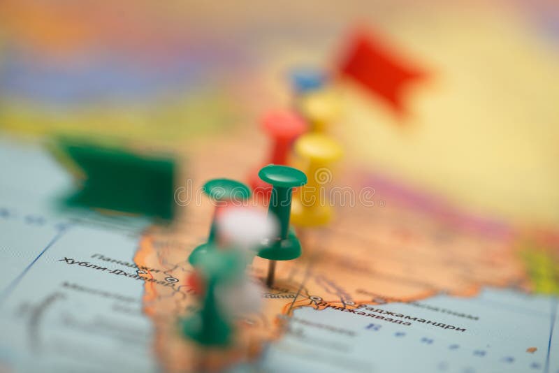 World Map Country Flags Marked Pin City Pinpoint Stock Photo - Image of ...