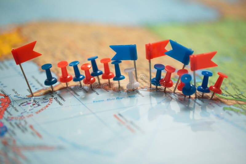 World Map Country Flags Marked Pin City Pinpoint Stock Photo - Image of ...