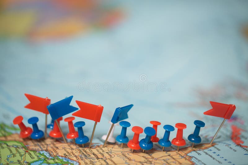 World Map Country Flags Marked Pin City Pinpoint Stock Photo - Image of ...
