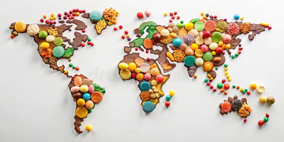 A World Map Crafted from an Assortment of Colorful Candies and Sweets ...