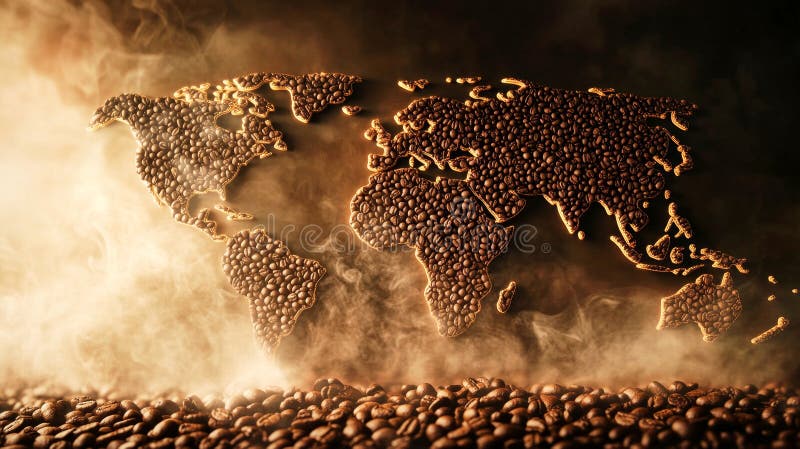 World Map Crafted from Coffee Beans with Steam and Dramatic Lighting ...
