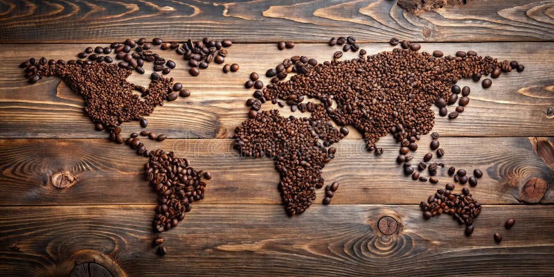 World Map Crafted from Roasted Coffee Beans on a Rustic Wooden Surface ...