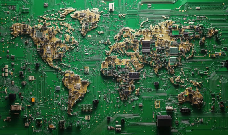 World Map Created from Circuit Board Components Representing Global ...