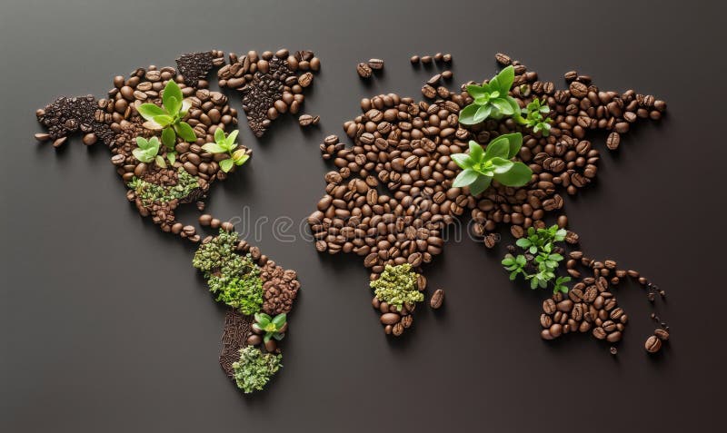 World Map Created with Coffee Beans and Green Plants Representing ...