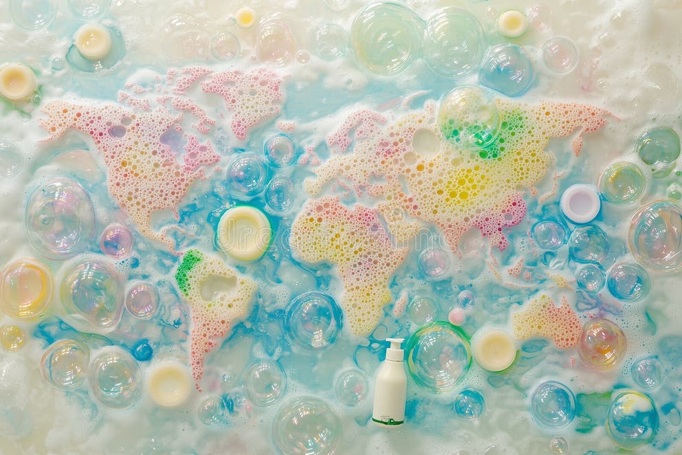 World Map Created from Colorful Exploding Soap Bubbles with Various ...