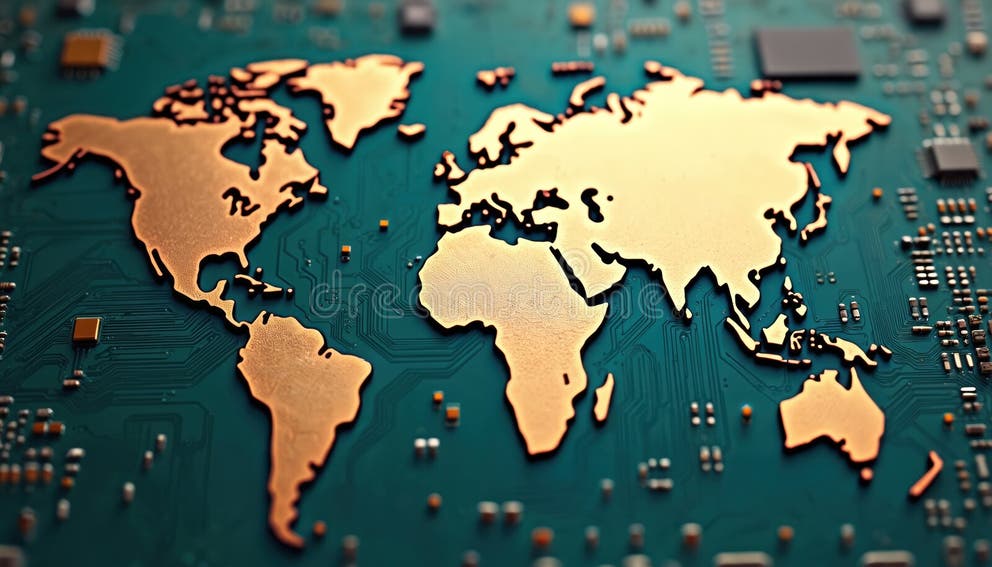 World Map Created from Electronic Circuit Board Components. Image Symbolizes Global Trade ...