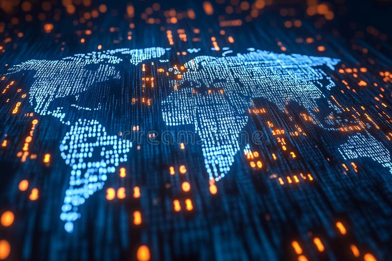 A World Map Created with Glowing Binary Code, Merging Technology and ...
