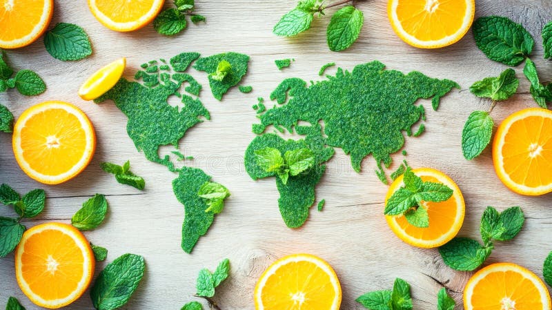 World Map Created Using Orange Slices and Fresh Mint Leaves on a Wooden ...