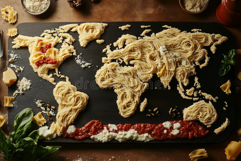 World Map Created Using Spaghetti Noodles and Sauces Showcasing ...