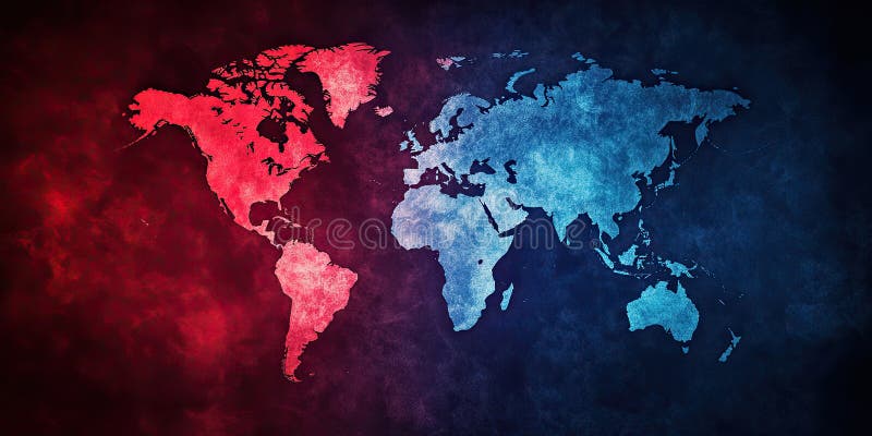 World Map with Creative Blue and Red Color Division on Dark Background ...