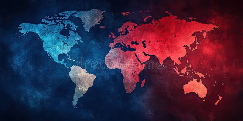 World Map with Creative Blue and Red Color Division on Dark Background ...