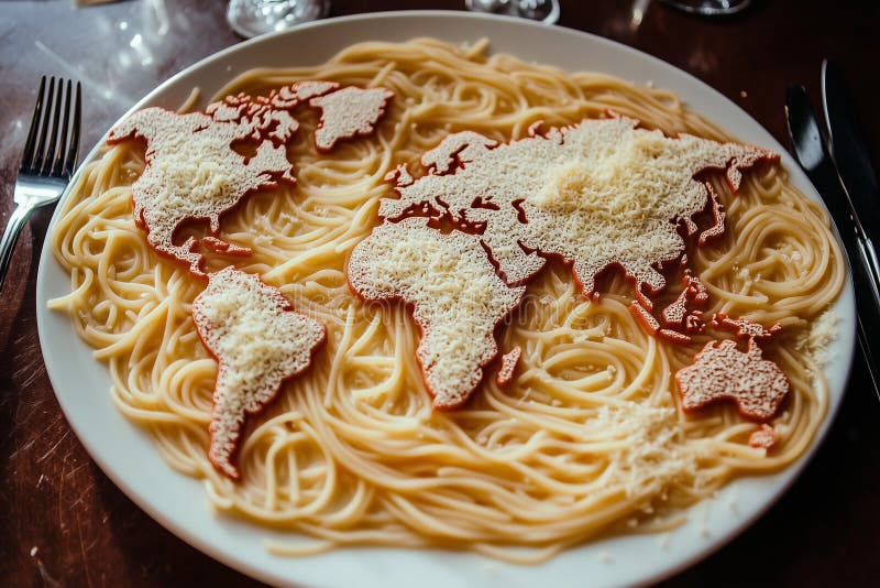 World Map Creatively Crafted from Spaghetti Noodles and Cheese on a ...