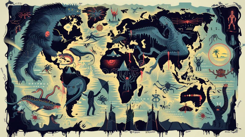 World Map of Cryptid Sightings with Stylized Creatures Stock Image ...