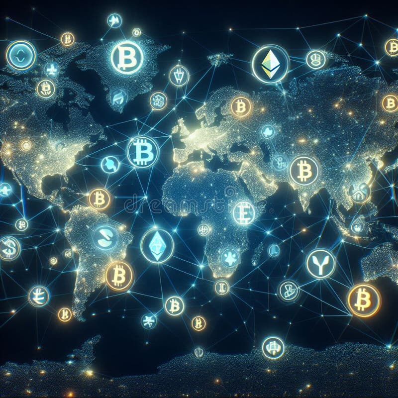 World Map and Cryptocurrencies Interconnected. Stock Illustration ...