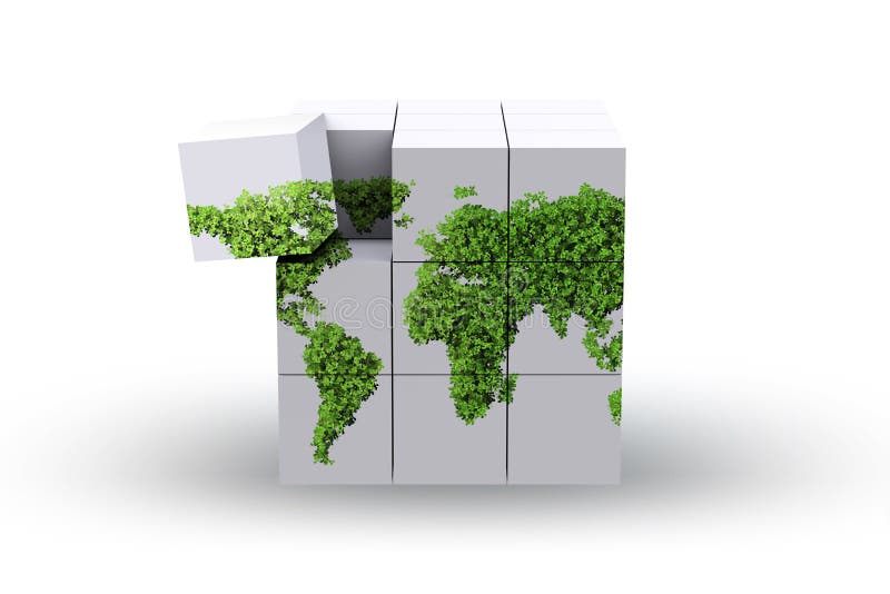 World Map on the Cube in Green Environment Concept - 3d Renderin Stock ...