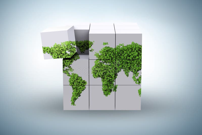 World Map on the Cube in Green Environment Concept - 3d Renderin Stock ...