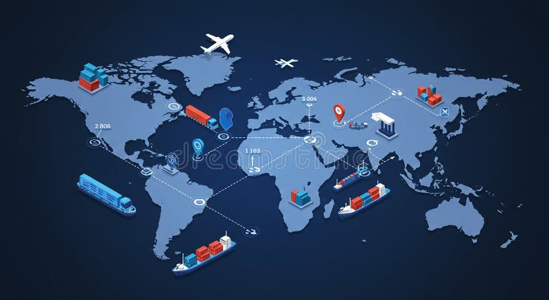 World Map with 3D Elements Illustrating Global Logistics. Blue Map ...