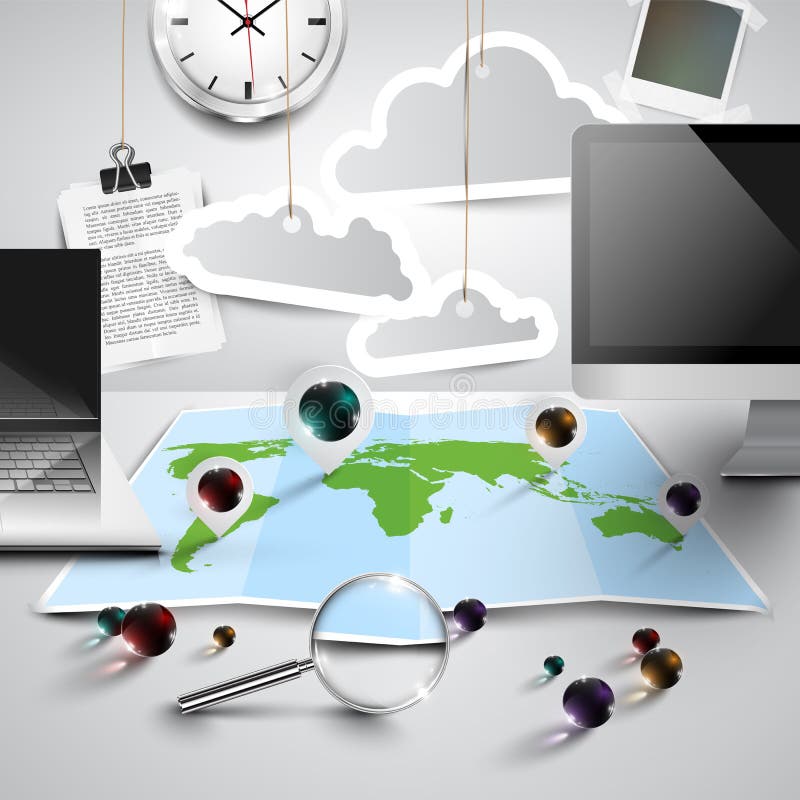 World Map in 3D with Office Tools, Cloudy, Vector Stock Vector ...