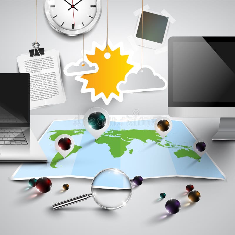 World Map in 3D with Office Tools, Sunny, Vector Stock Vector ...