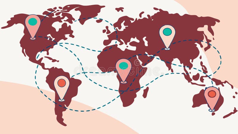 World Map with Dashed Lines and Pins, Indicating Routes and ...