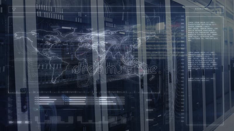 World Map and Data Analysis Animation Over Server Racks in Data Center Stock Footage - Video of ...