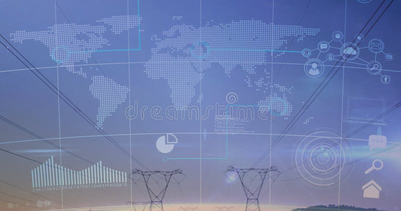 World Map and Data Analytics Animation Over Power Lines at Sunset Stock ...