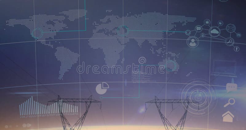 World Map and Data Analytics Animation Over Power Lines at Sunset Stock ...