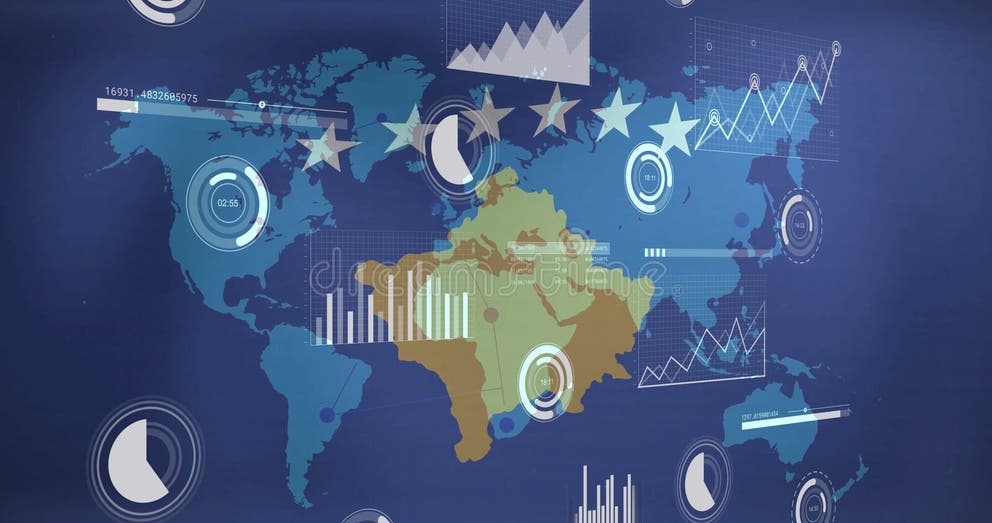 World Map with Data Charts and Graphs Image Over Flag of Kosovo Stock Photo - Image of digital ...